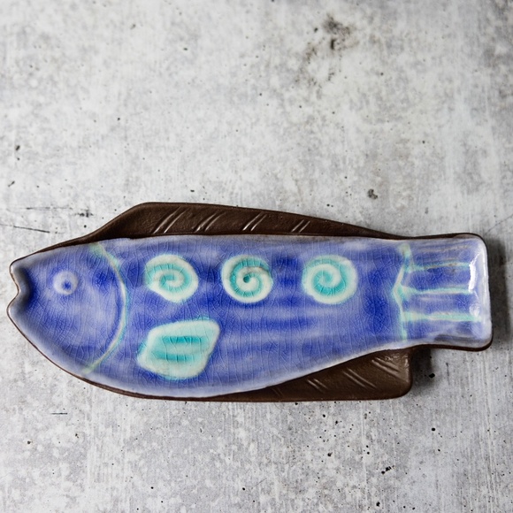Unmarked | Accents | Blue Green Brown Pottery Ceramic Fish Plate Spoon ...